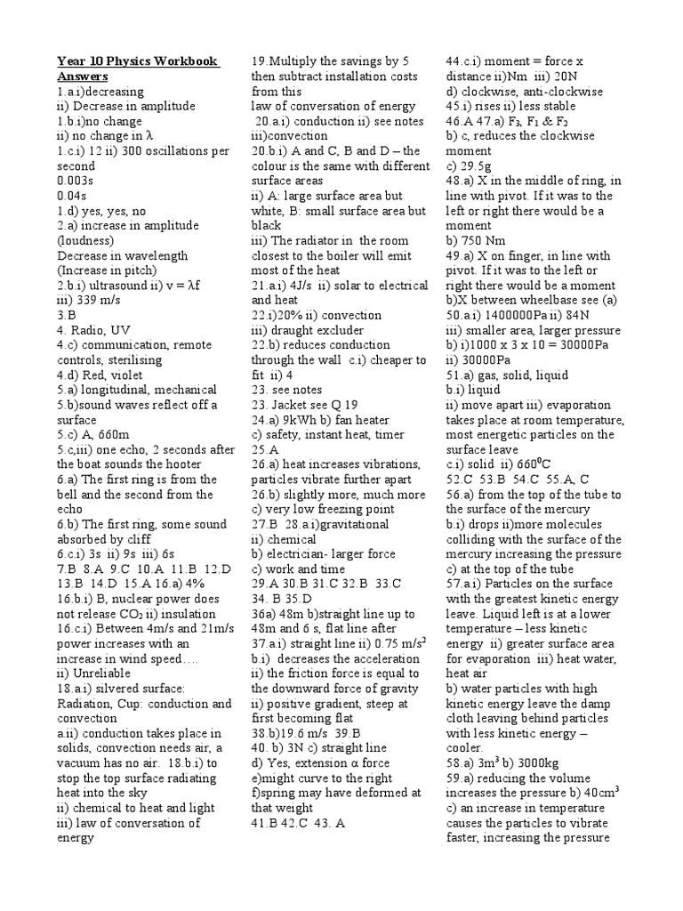 Year 10 Physics Workbook Answers | PDF | Proton | Electron