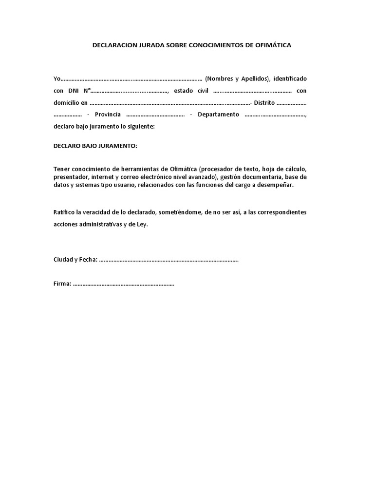 Declaracion Jurada Sobre Conocimientos de Ofimática | PDF