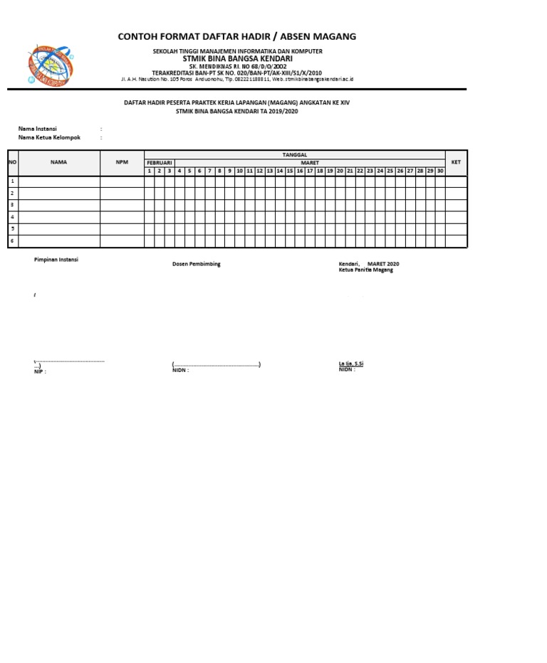 Contoh Daftar Hadir Magang Mahasiswa | PDF