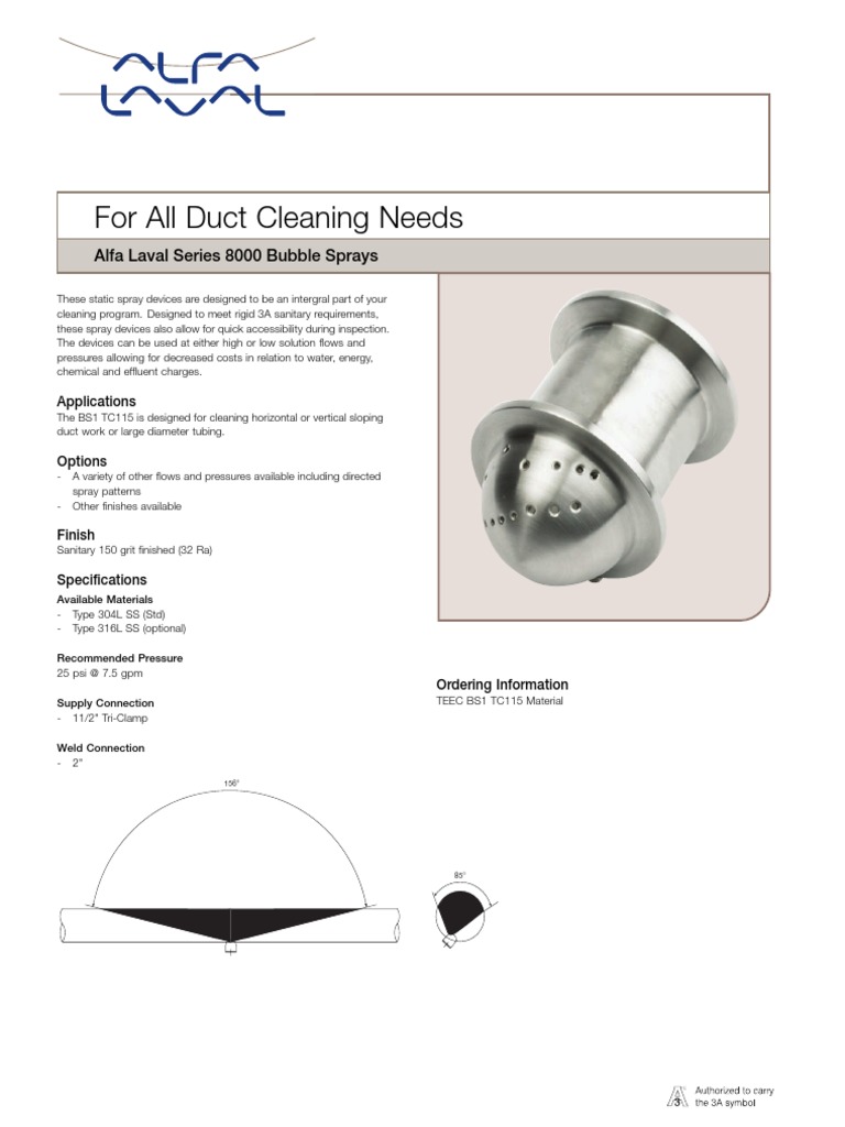 Alfa Laval Series 8000 Bubble Sprays: Technical Specifications and ...