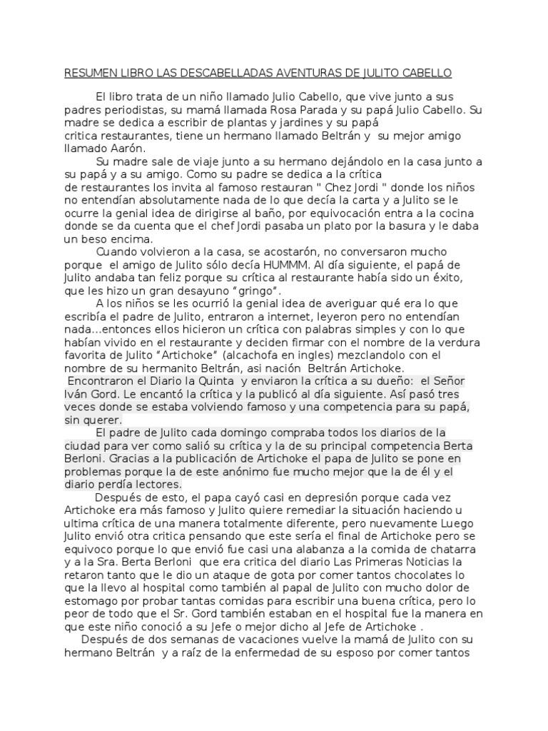 Resumen Libro Las Descabelladas Aventuras de Julito Cabello | PDF