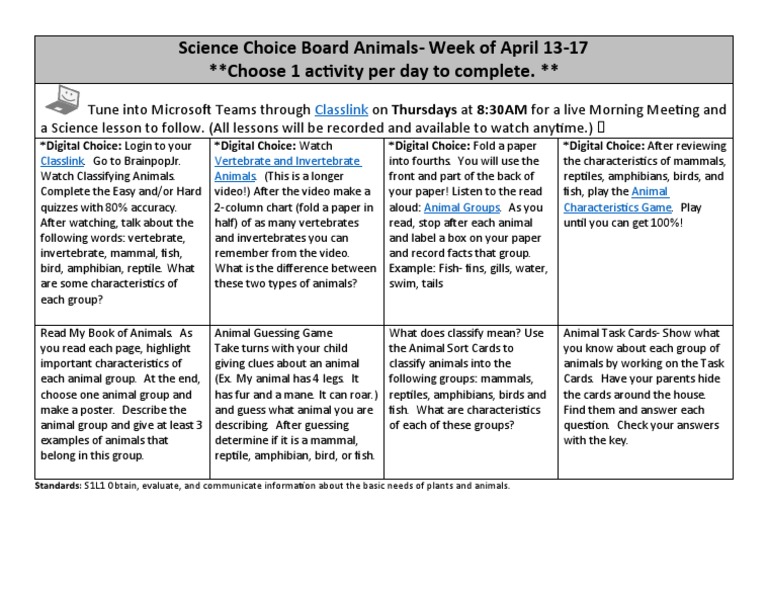 Science Choice Board Animals Week 1 | PDF | Fish | Mammals