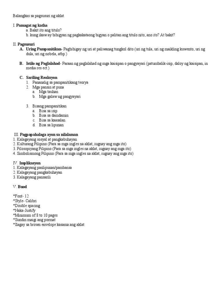 Balangkas Sa Pagsusuri NG Akdang Pampanitikan | PDF