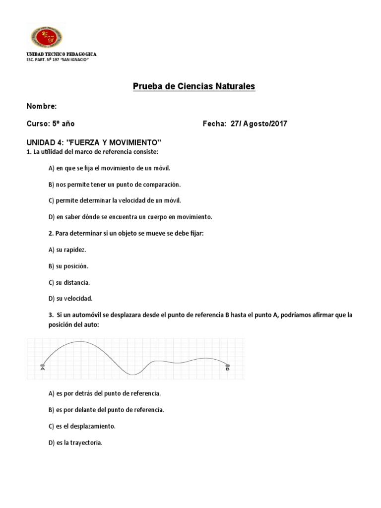 Prueba de Ciencias Naturales 5° Año FUERZA Y MOVIMIENTO | PDF ...