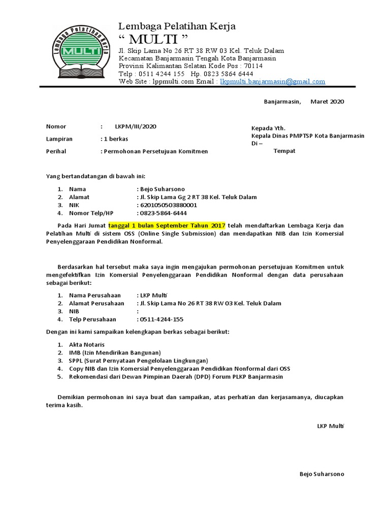 Permohonan Persetujuan Komitmen LKP Multi | PDF
