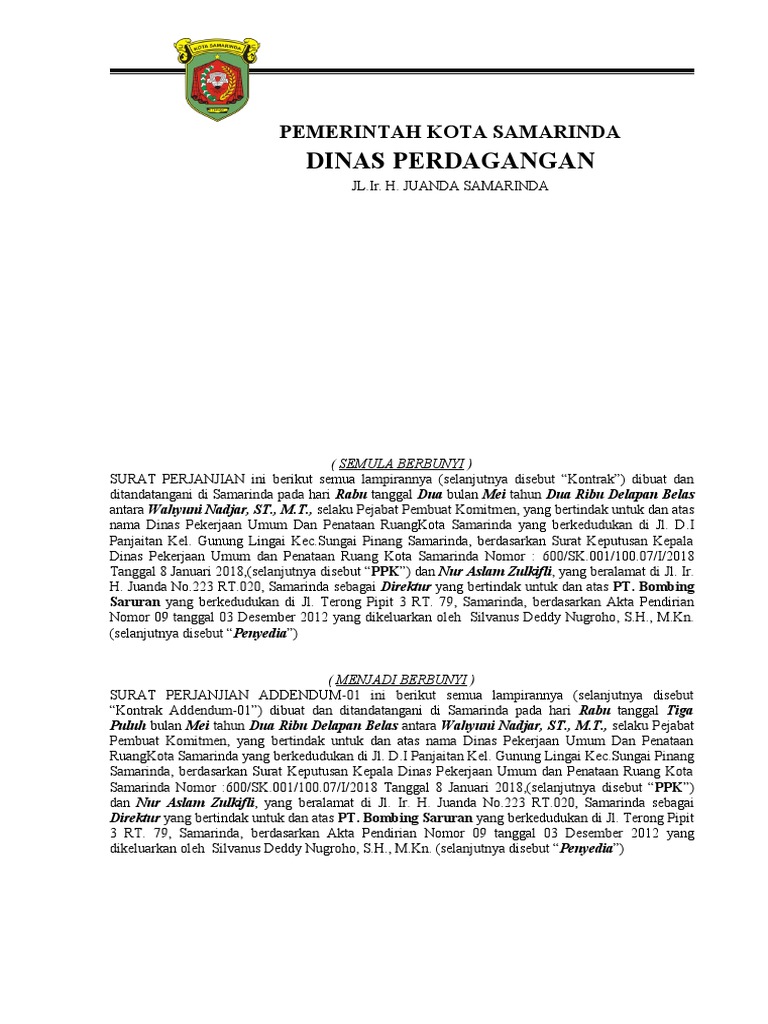 SURAT PERJANJIAN ADDENDUM-01 (No & TGL Kontrak Serta Isi Kontrak Add-01 ...