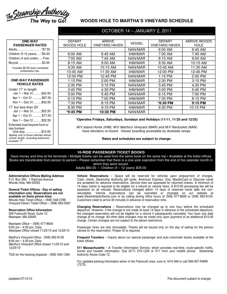 Fall and Winter Ferry Schedule and Fare Information Between Woods Hole ...