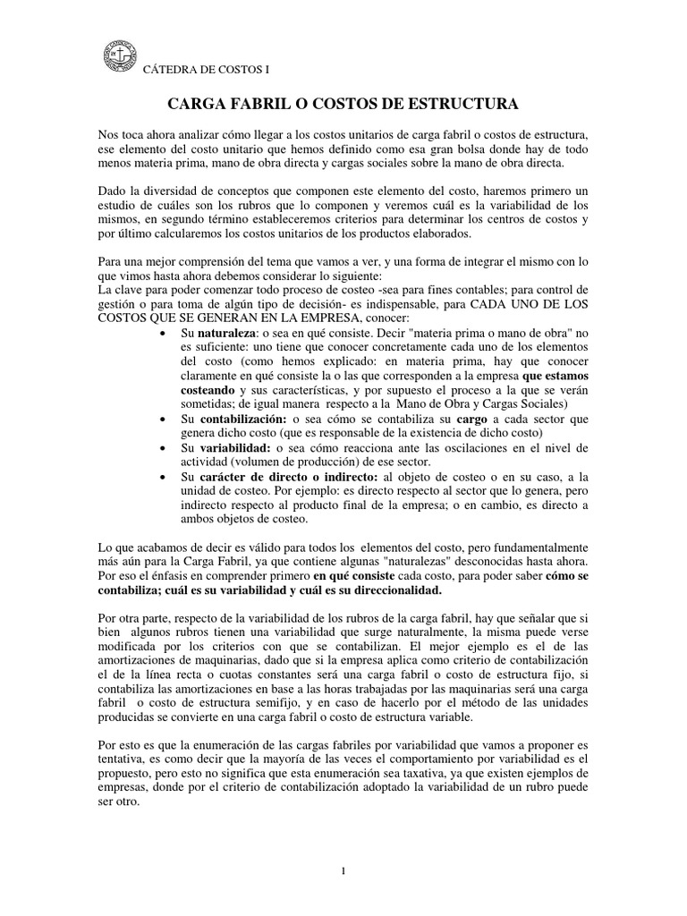 CARGA FABRIL - Costos 1 | PDF | Costo | Presupuesto