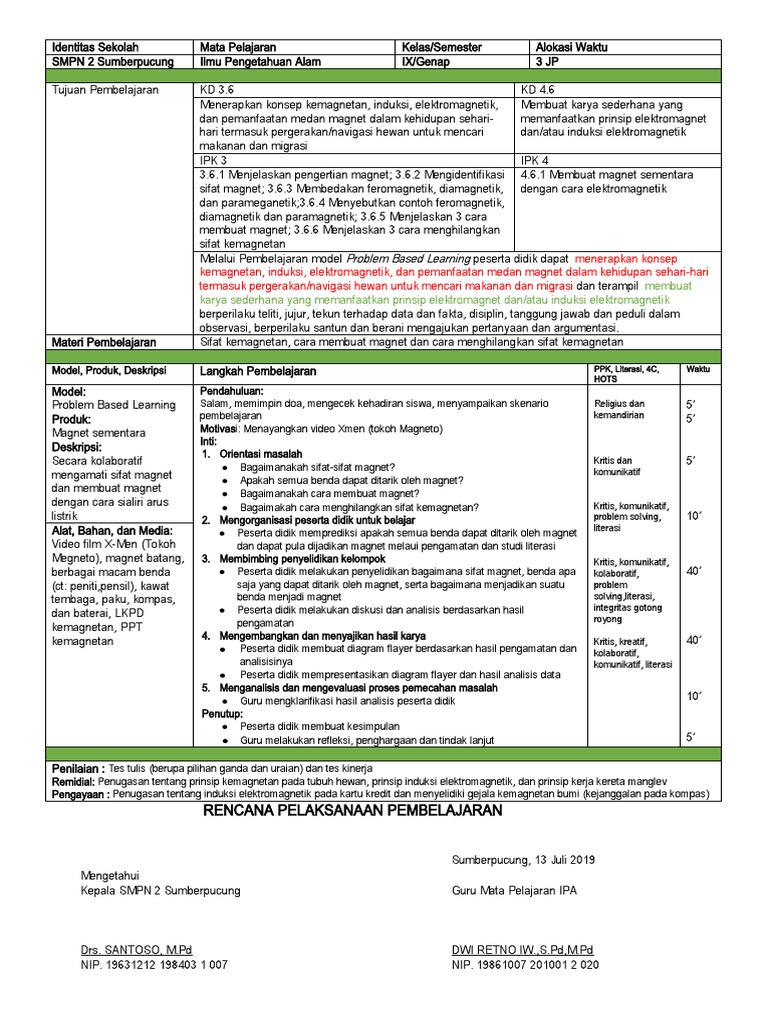 RPP Satu Lembar Magnet Pert 3 | PDF