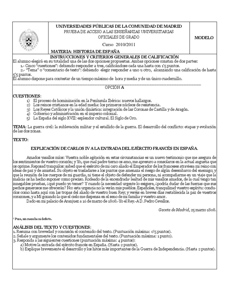 Examen De Pau De Historia De España Modelo Selectividad 2010 11