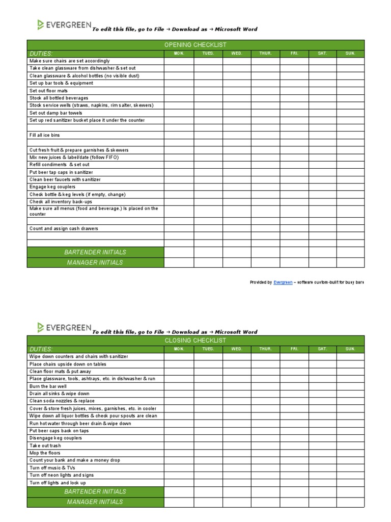 Bar Opening & Closing Checklist