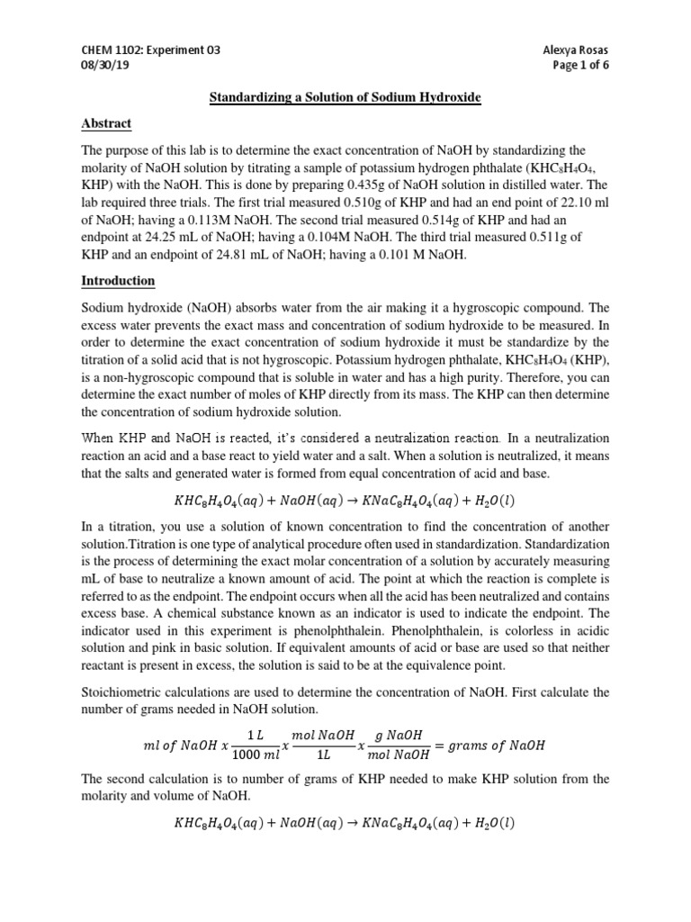 Standardizing A Solution of Sodium Hydroxide Revised PDF | PDF ...