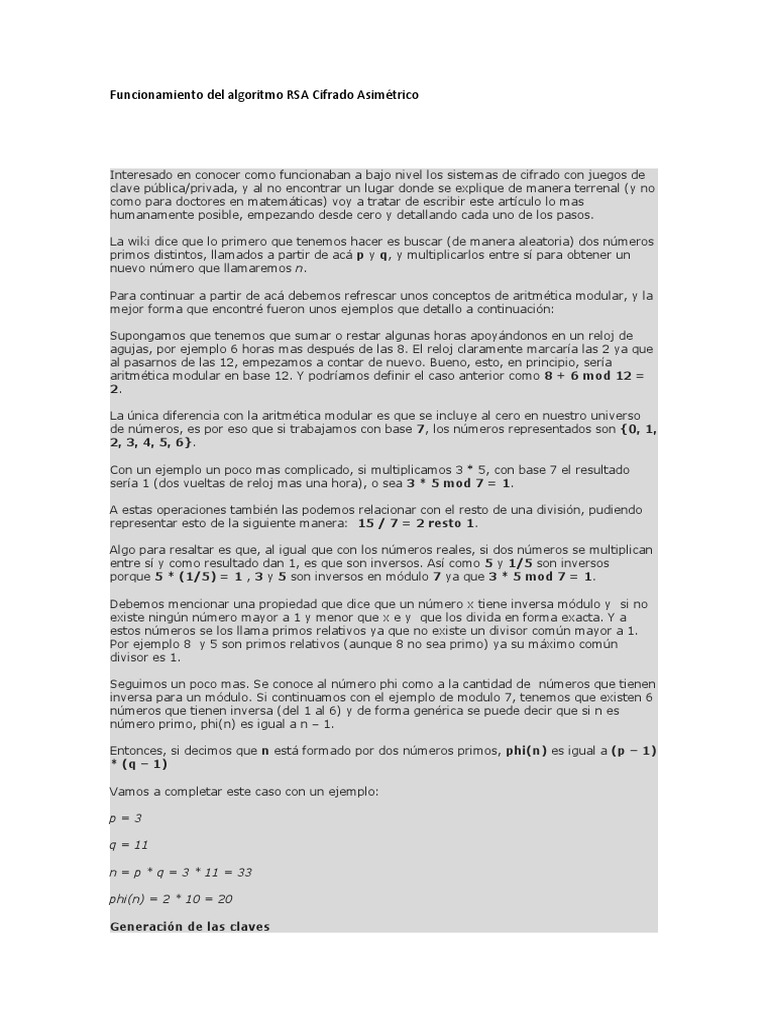Explicación del funcionamiento del algoritmo RSA de cifrado asimétrico ...