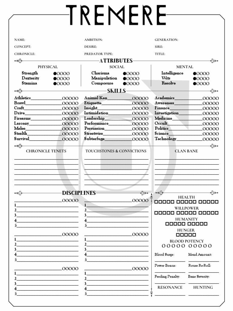 Tremere Character Sheet | PDF | Role Playing Games | Leisure