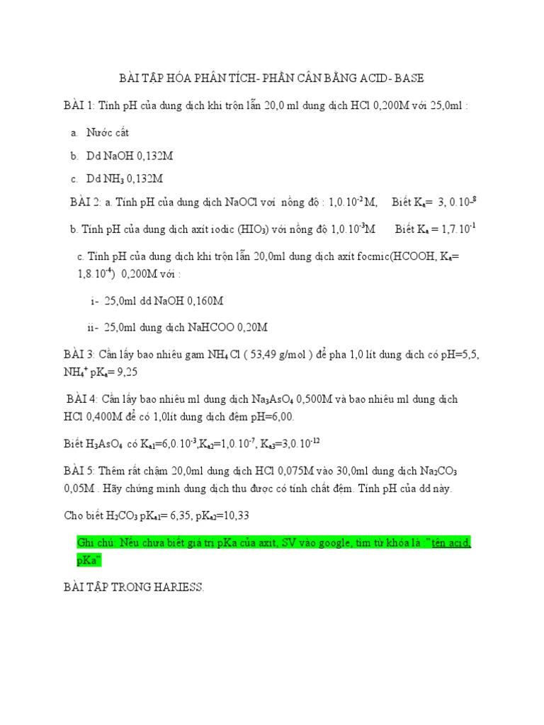 BÀI TẬP CB- acid- base | PDF