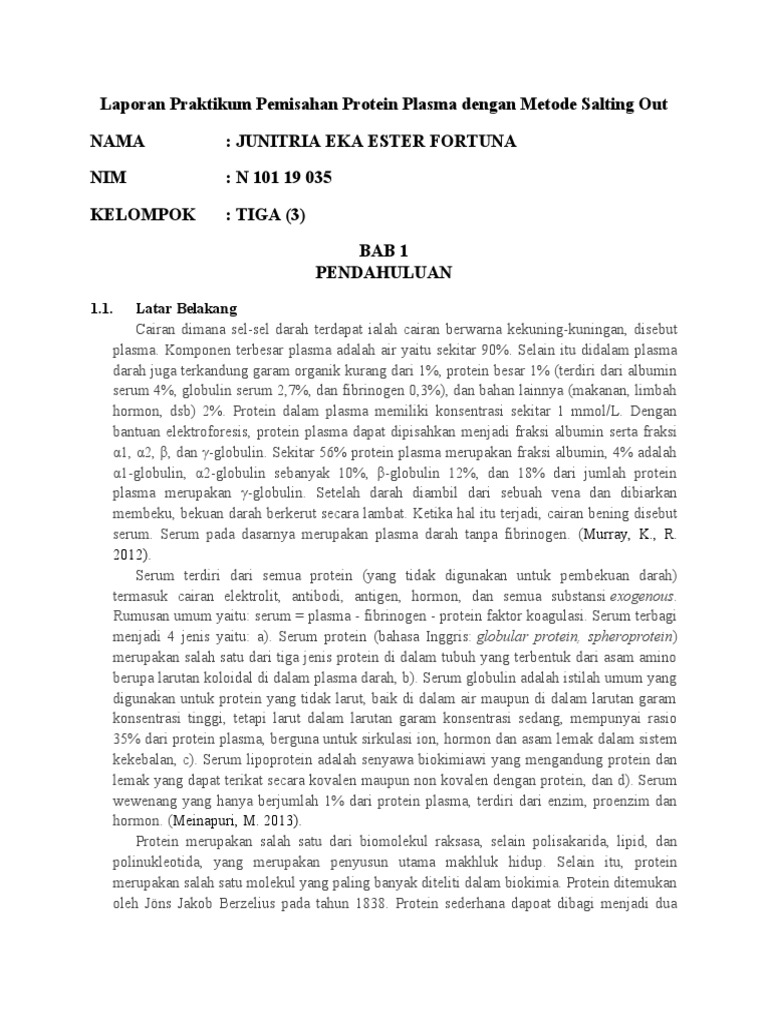 Pemisahan Protein Plasma Dengan Metode Salting Out | PDF