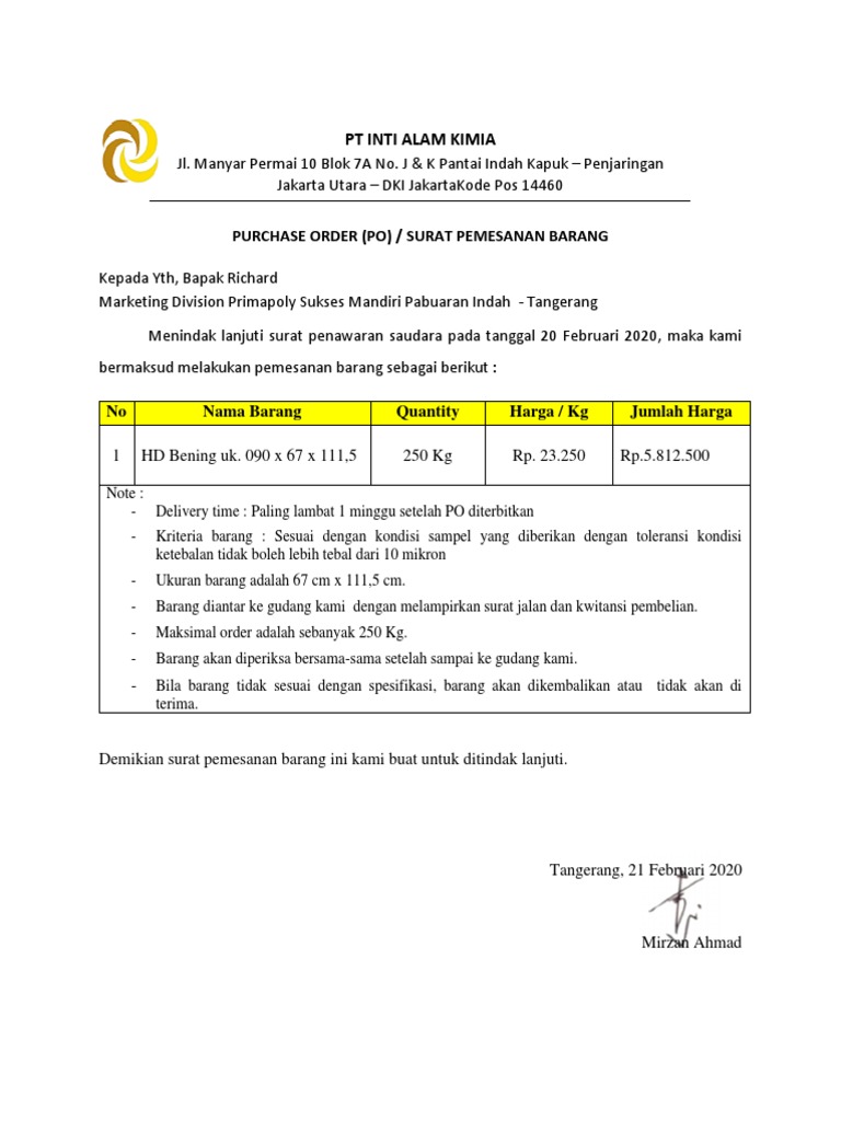 PO PT INTI ALAM KIMIA. HD Plastik | PDF
