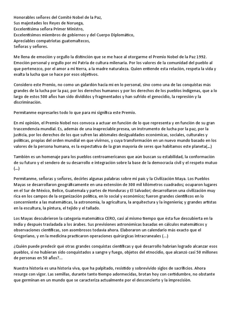 Discurso de Rigoberta Menchú | PDF | Civilización maya | Problemas ...