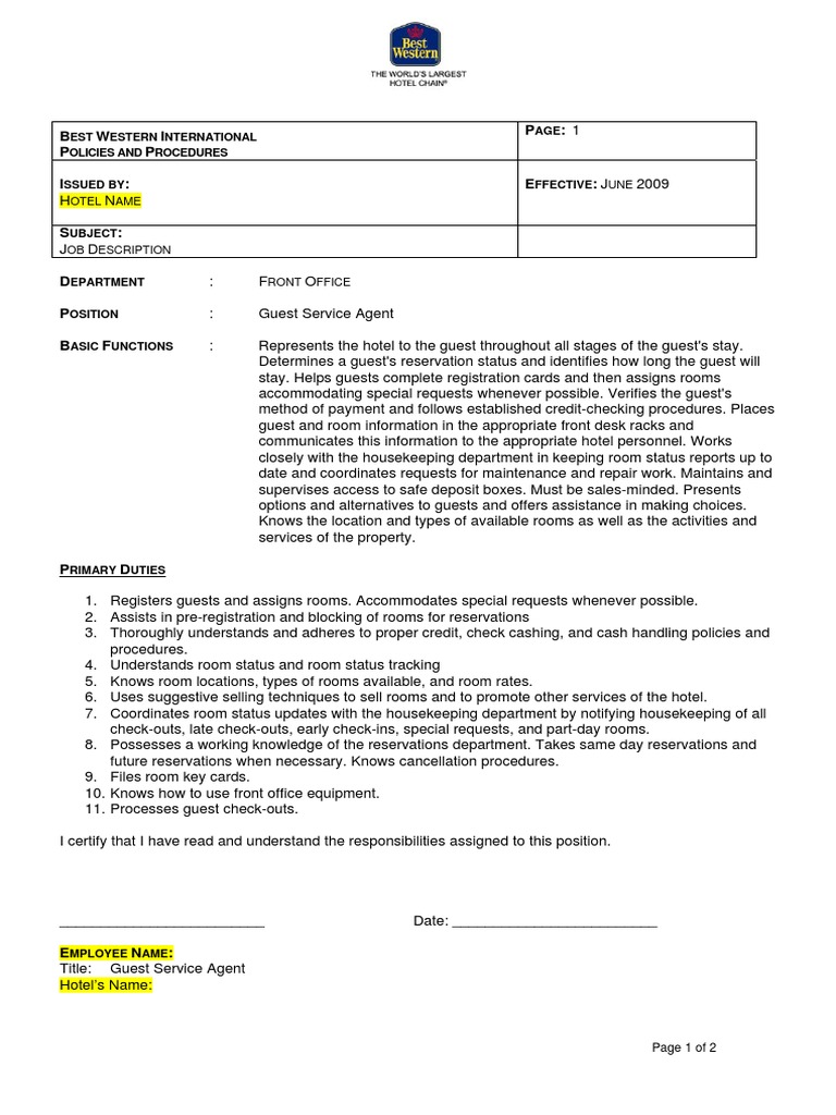 Guest Service Agent | PDF | Hotel | Business