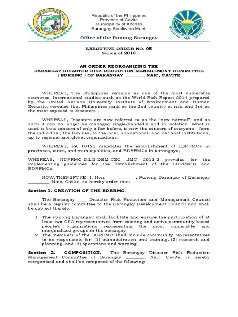 EO No. 005 2018 REORGANIZATION BDRRMC COMPOSITION | PDF | Emergency ...