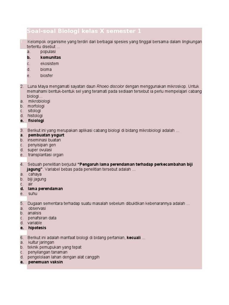 Latihan Soal Semester 1 Biologi Kelas X | PDF