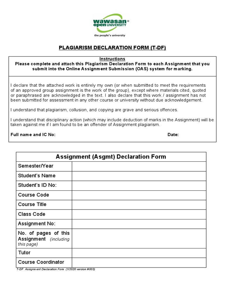 T-DF Assignment Declaration Form 1-2020 (Version 003) | PDF