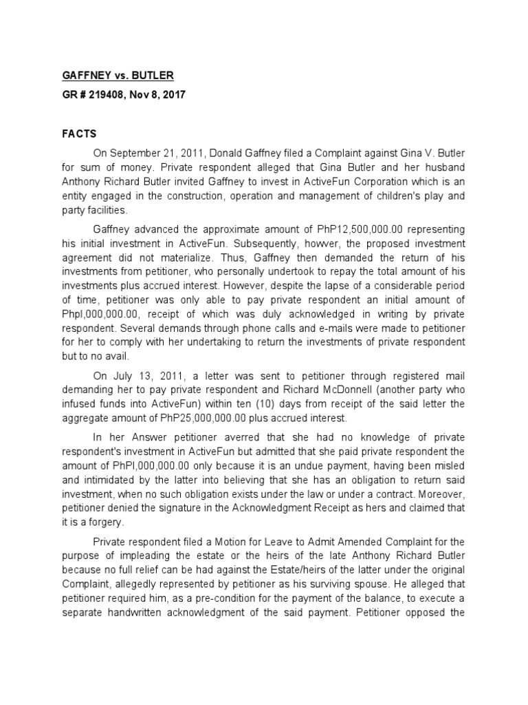 Gaffney vs. Butler Case Digest | PDF | Lawsuit | Complaint