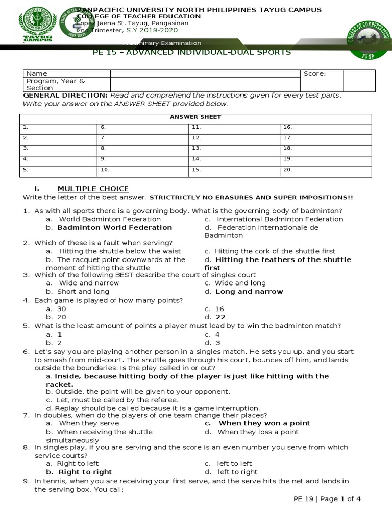 PE 14 - Advanvced Individual-Dual Sports PRELIM EXAM | PDF | Table ...