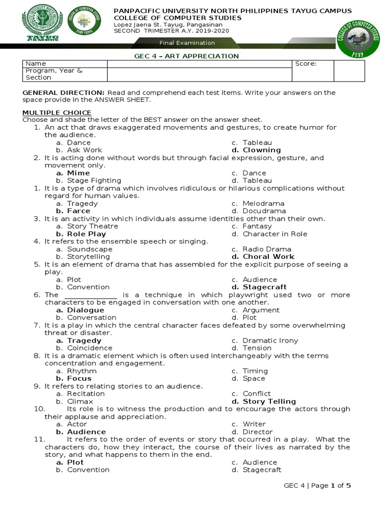 Panpacific University Art Appreciation Final Exam Review | PDF | Play ...