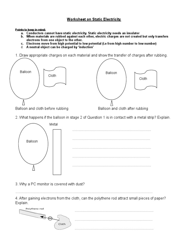 Worksheet On Static Electricity | PDF | Electric Charge | Temporal Rates