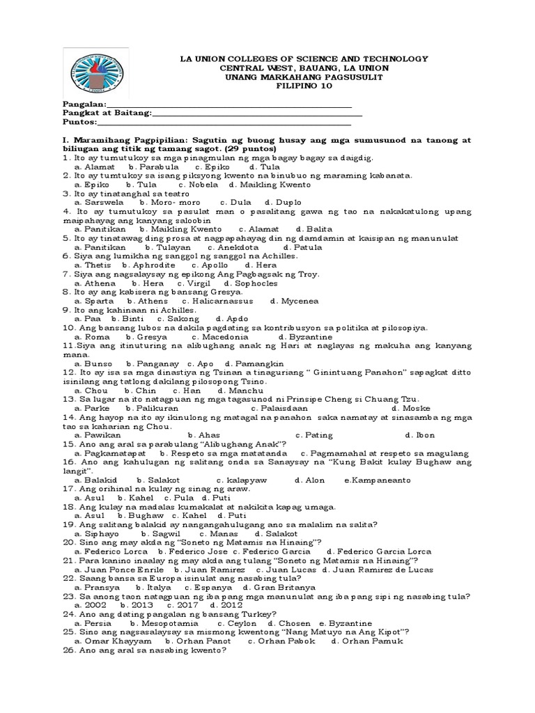 1ST Quarter Filipino 10 | PDF