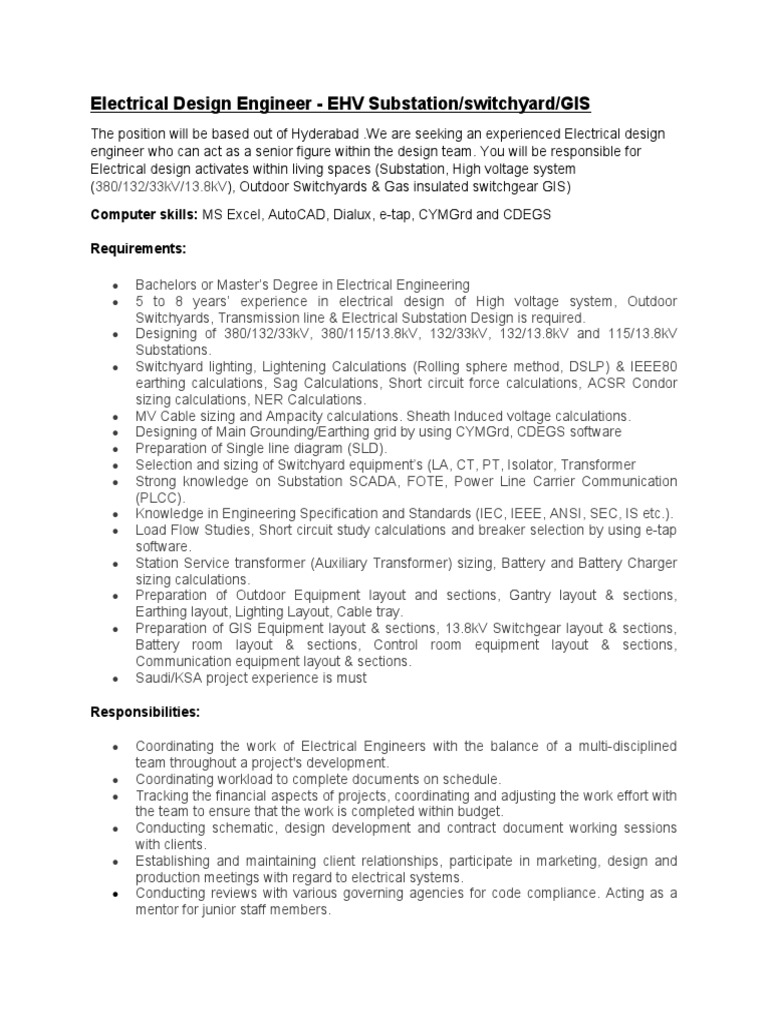 Job Description of Electrical Design Engineer - EHV Substation and ...
