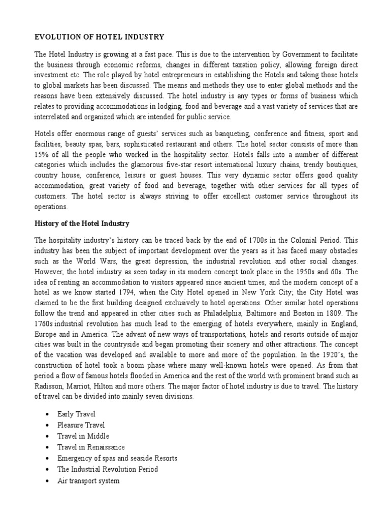 Evolution of the Hotel Industry | PDF | Tourism | Hotel