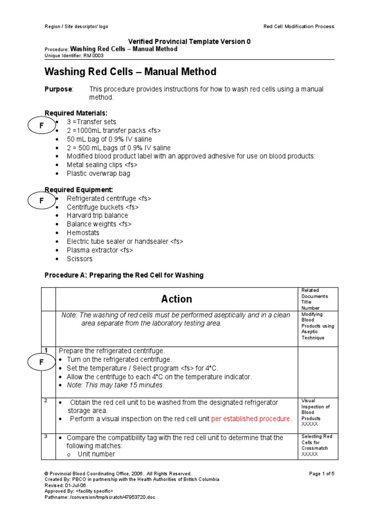 Washing Red Cells - Manual Method: Verified Provincial Template Version ...
