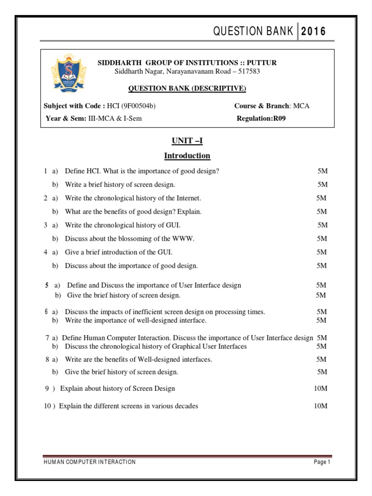 Siddharth Group of Institutions Question Bank on Human Computer ...