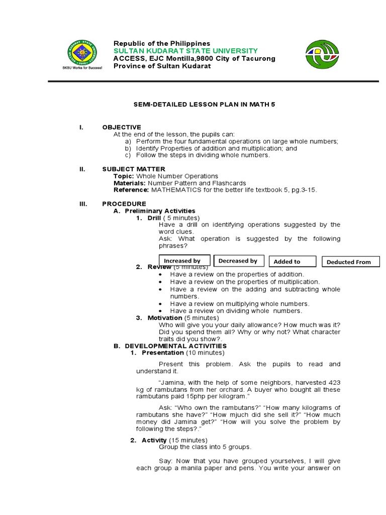 Whole Number Operations Lesson Plan | PDF | Subtraction | Numbers