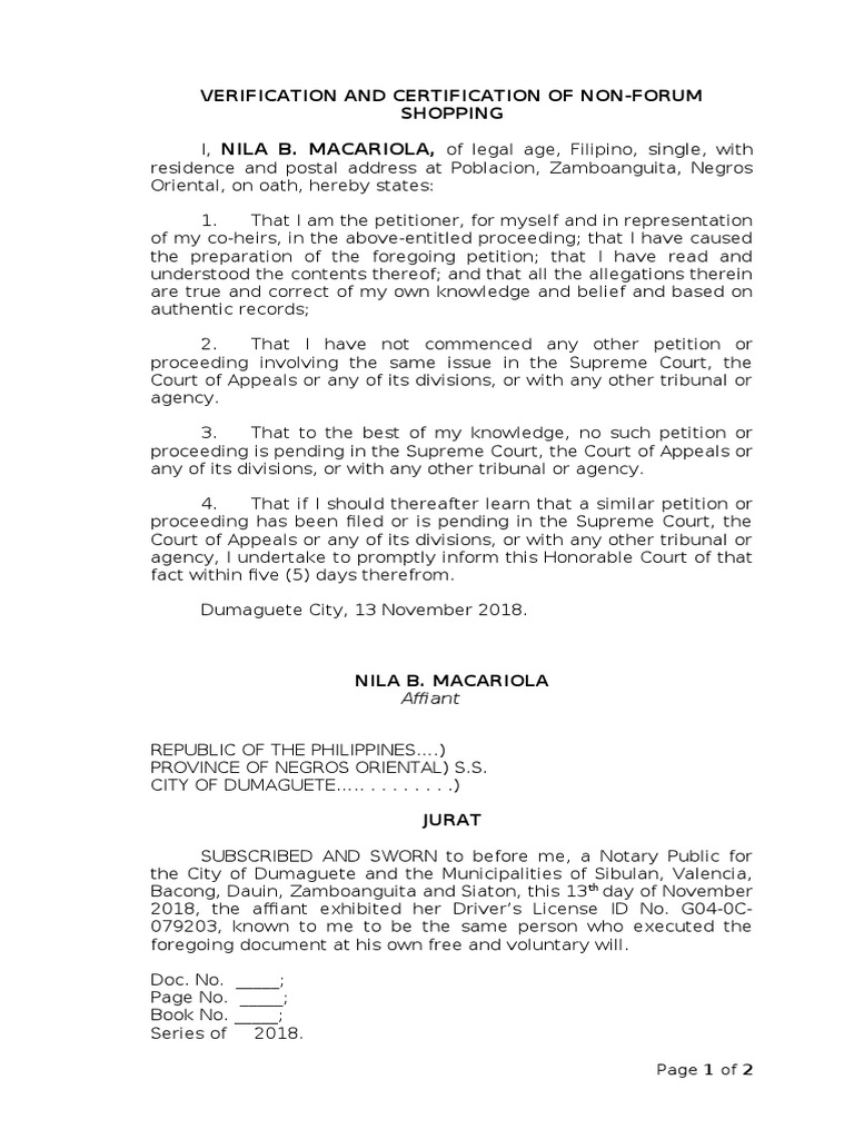 Verification and Certification of Non-Forum Shopping | PDF