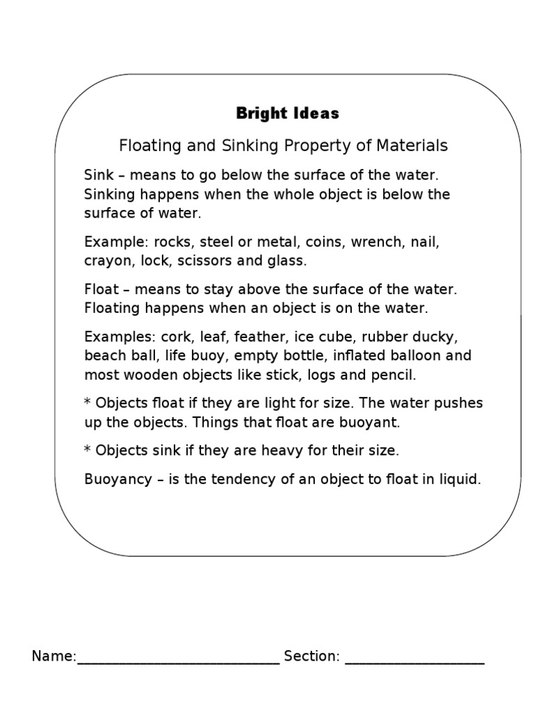 Floating and Sinking Property of Materials | PDF