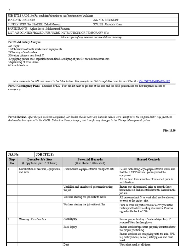 JSA for Bituminous Roof Treatment | PDF | Asphalt | Prevention