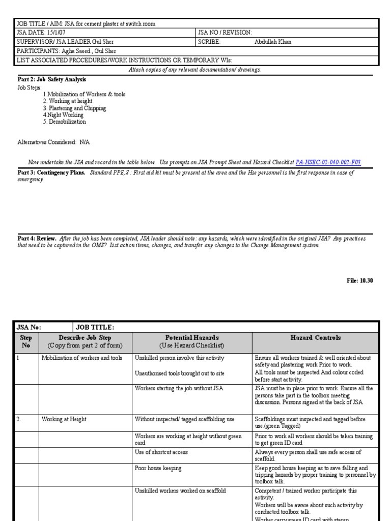 JSA For Cement Plaster at Office Extension | PDF | Safety | Prevention