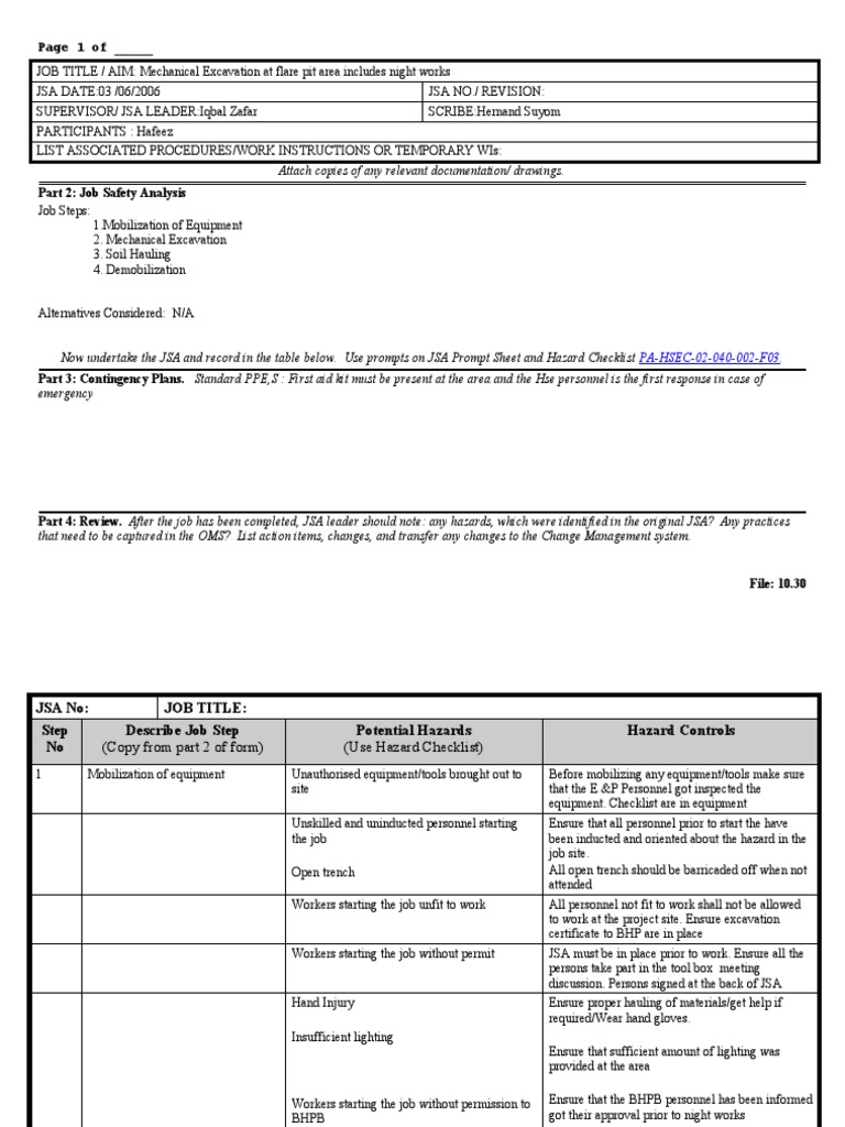 JSA For Flare Pit Area Including Night Works | PDF | Personal ...