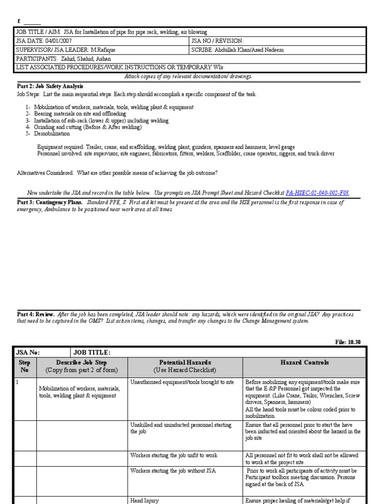 JSA for Pipe Rack Installation | PDF | Welding | Construction