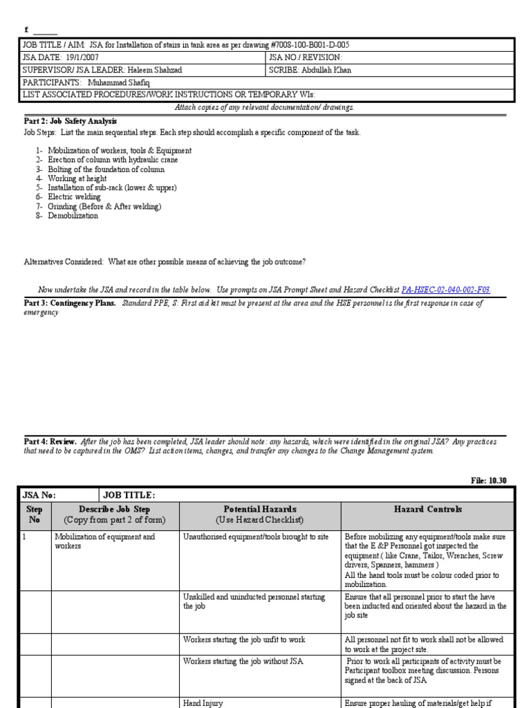 Jsa For Intallation of Sub Pipe Rack | PDF | Personal Protective Equipment | Welding