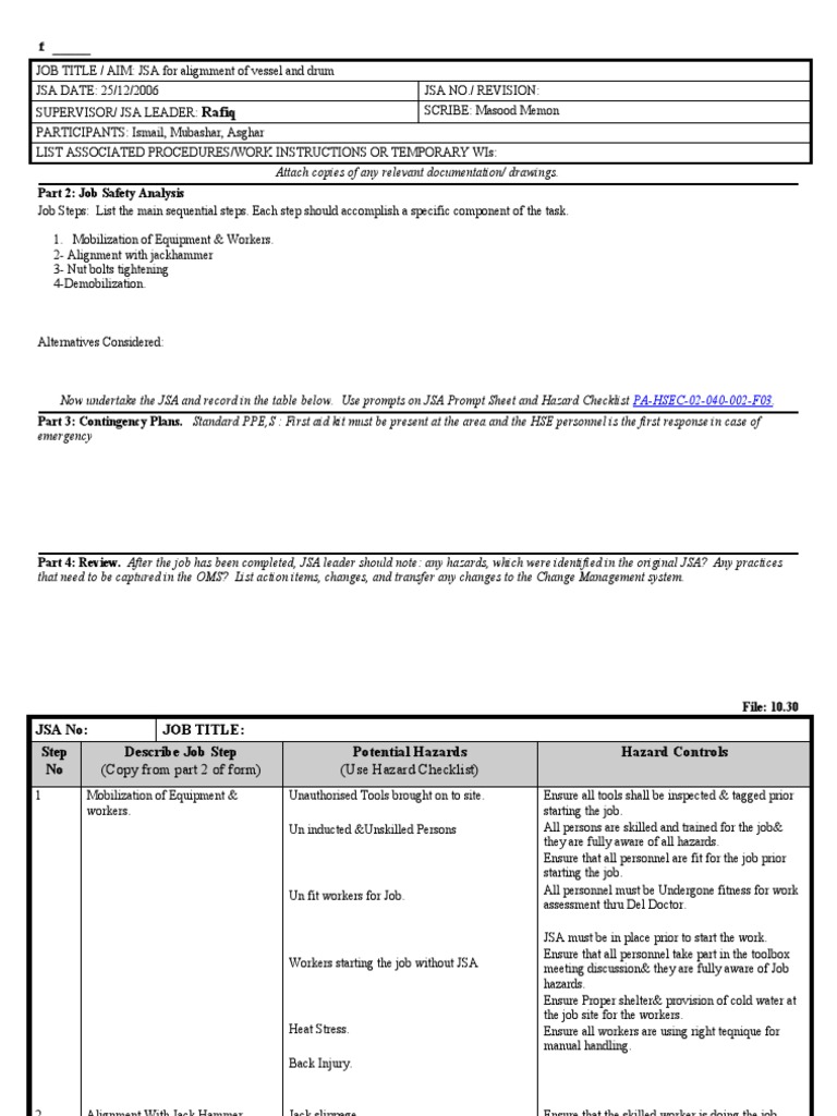 Jsa For Alignment of Vessel and Drum | PDF | Screw | Tools