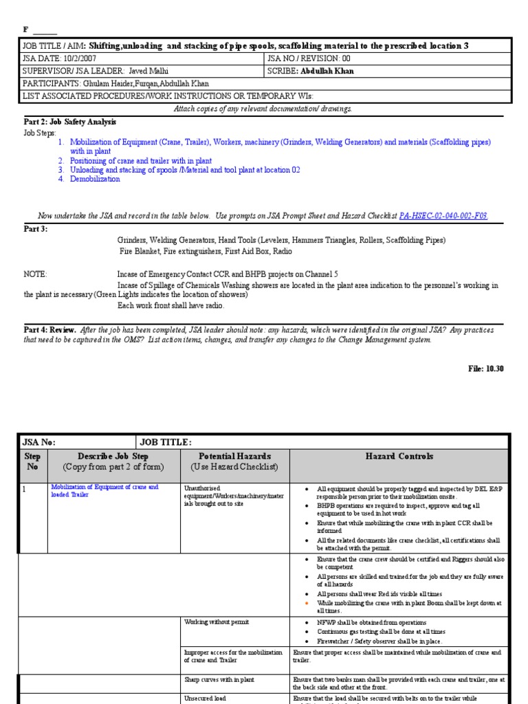 JSA for material shifting.doc | Crane (Machine)