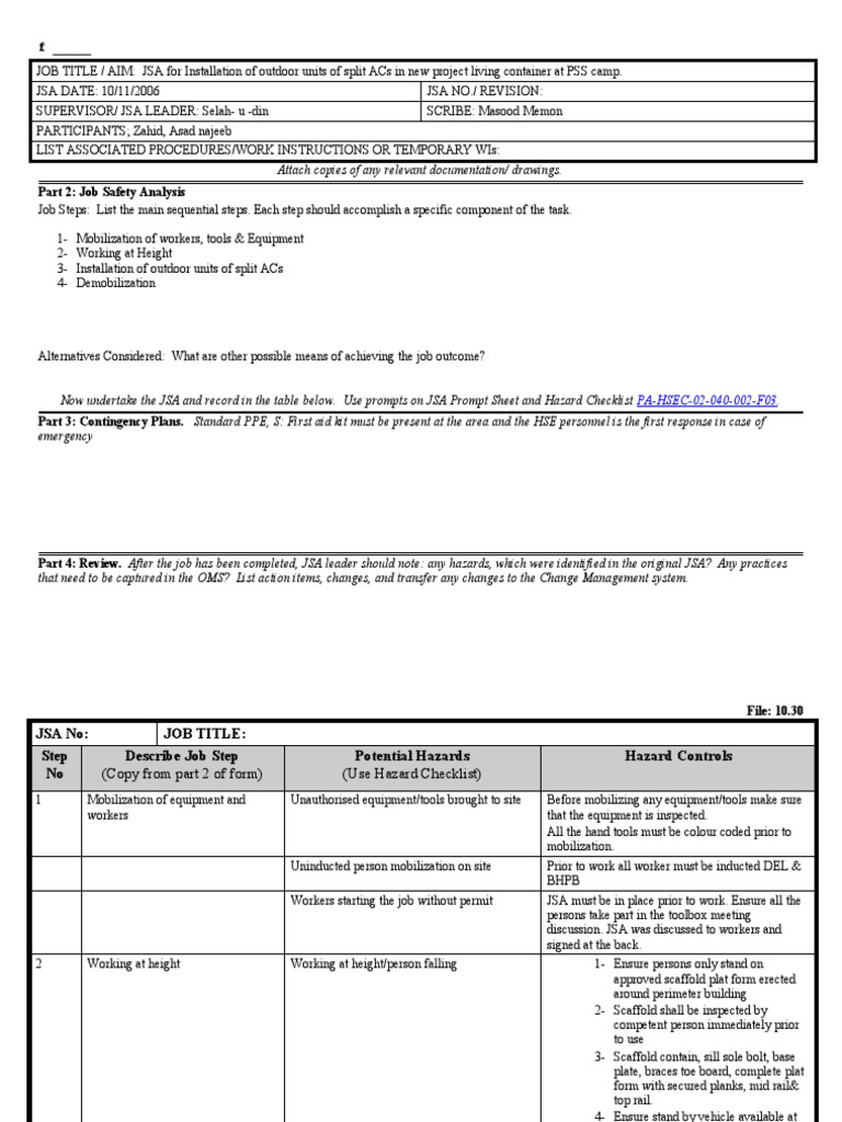 JSA For Installation of Out Door Units | PDF | Personal Protective ...