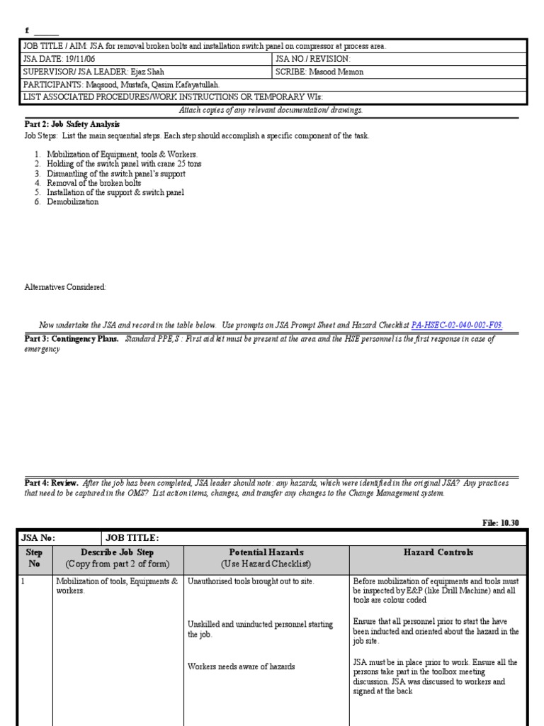 JSA For Removal of Broken Bolts and Installation of Switch Pannel On Compressor at Process Arae ...