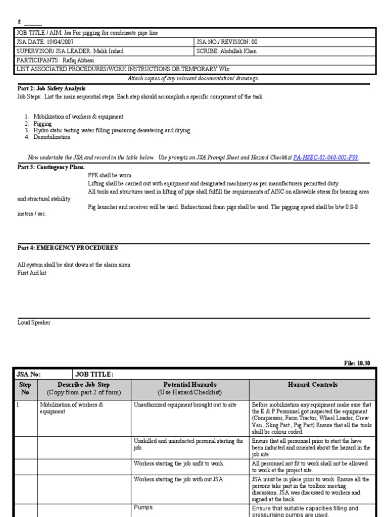 JSA For Pigging | PDF | Equipment | Manufactured Goods