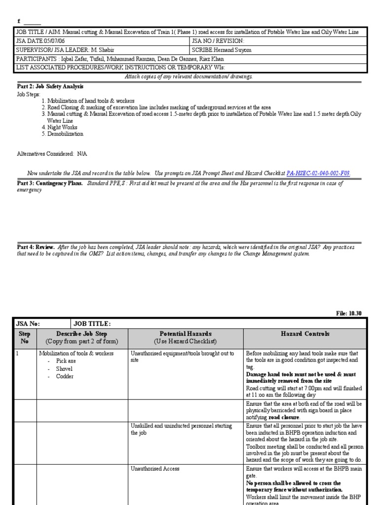 JSA For Manual Excavation Inside The Operation Area (Access Road) | PDF ...