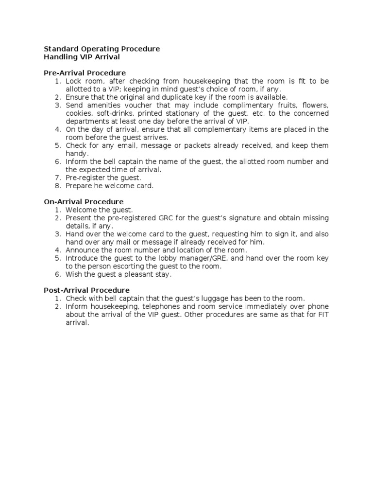 Hotel SOP On Handling VIP Arrival | PDF